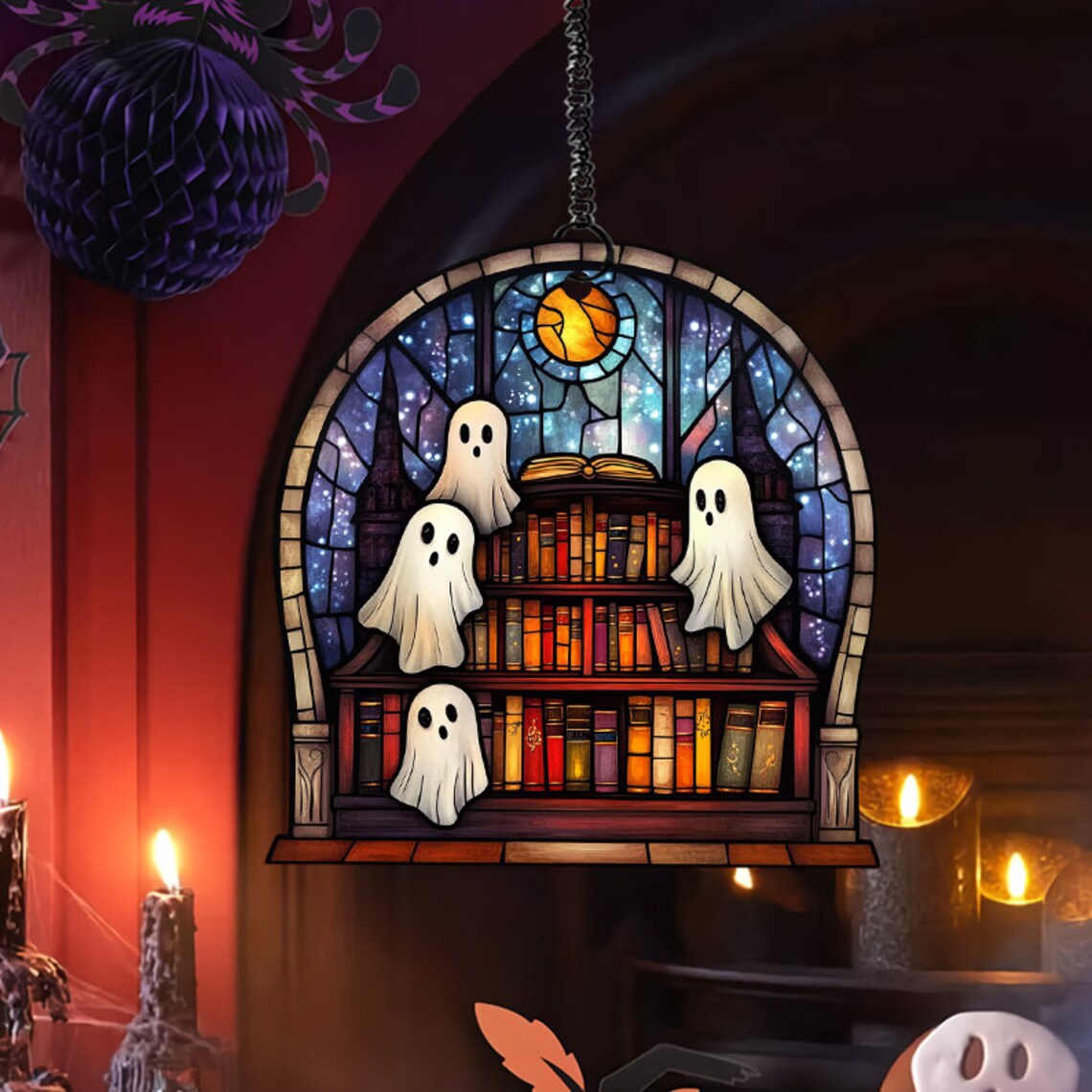 Spooky Ghost in Haunted Library Halloween Suncatcher, Spooky Ghost ...