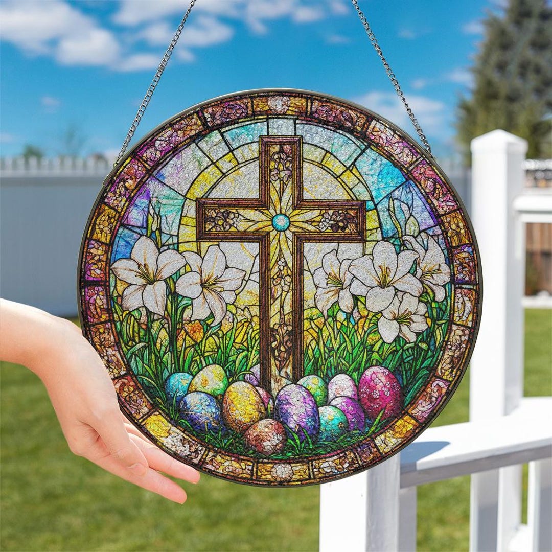 Cross Easter Egg Stained Glass Suncatcher, Happy Easter Suncatcher ...
