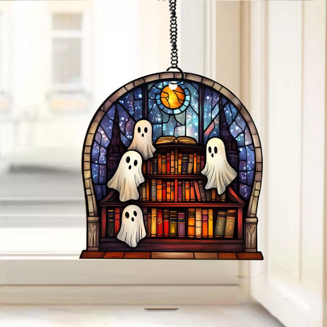 Spooky Ghost in Haunted Library Halloween Suncatcher, Spooky Ghost ...