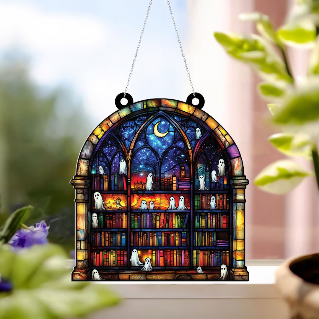 Spooky Ghost in Haunted Library Halloween Suncatcher, Spooky Ghost ...