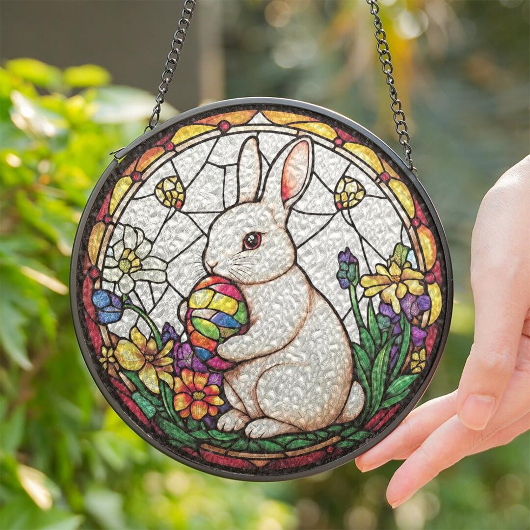 Bunny Easter Egg Stained Glass Suncatcher, Happy Easter Suncatcher ...