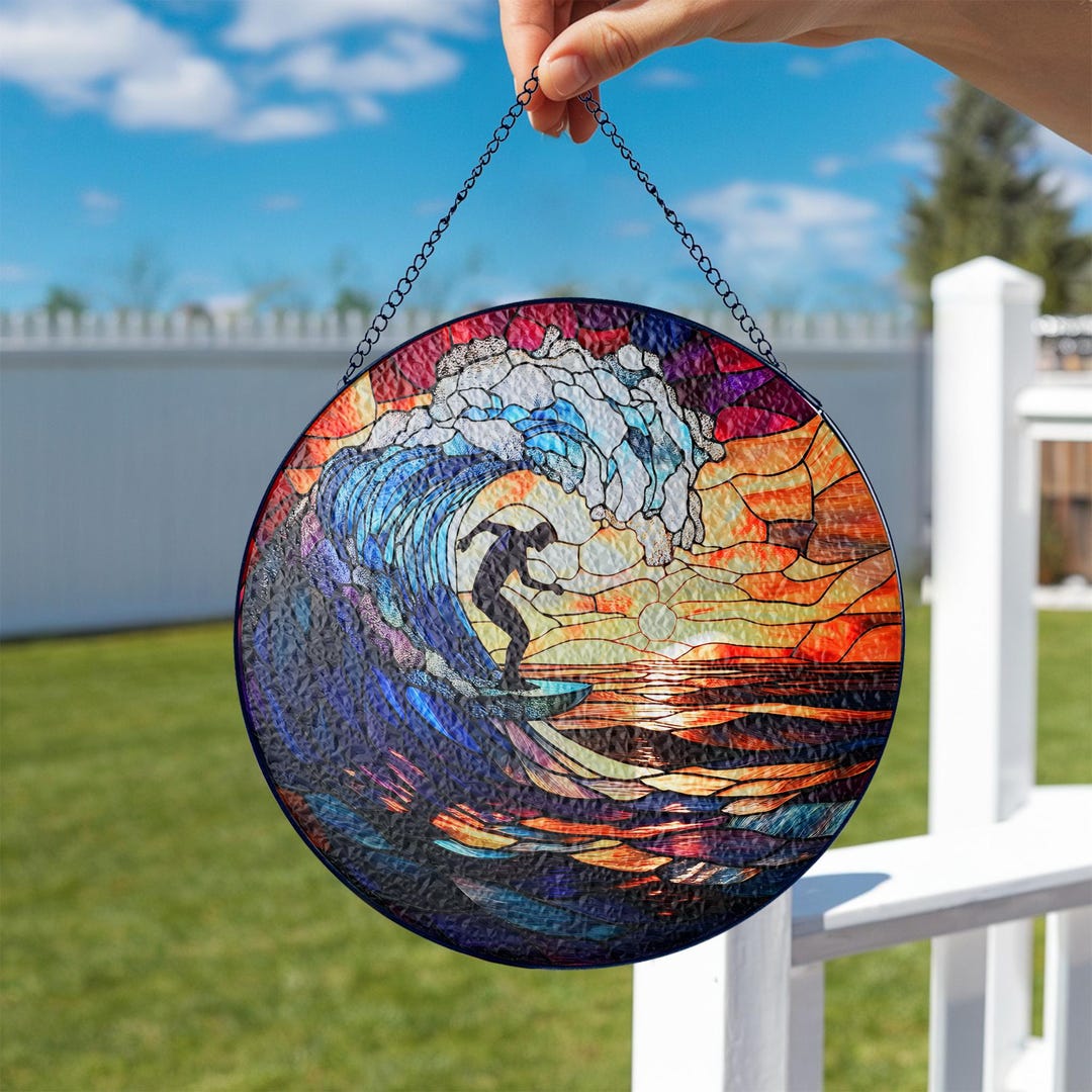 Stained Glass Surfing Suncatcher, Surfing Beach Sunset Windows Hanging ...