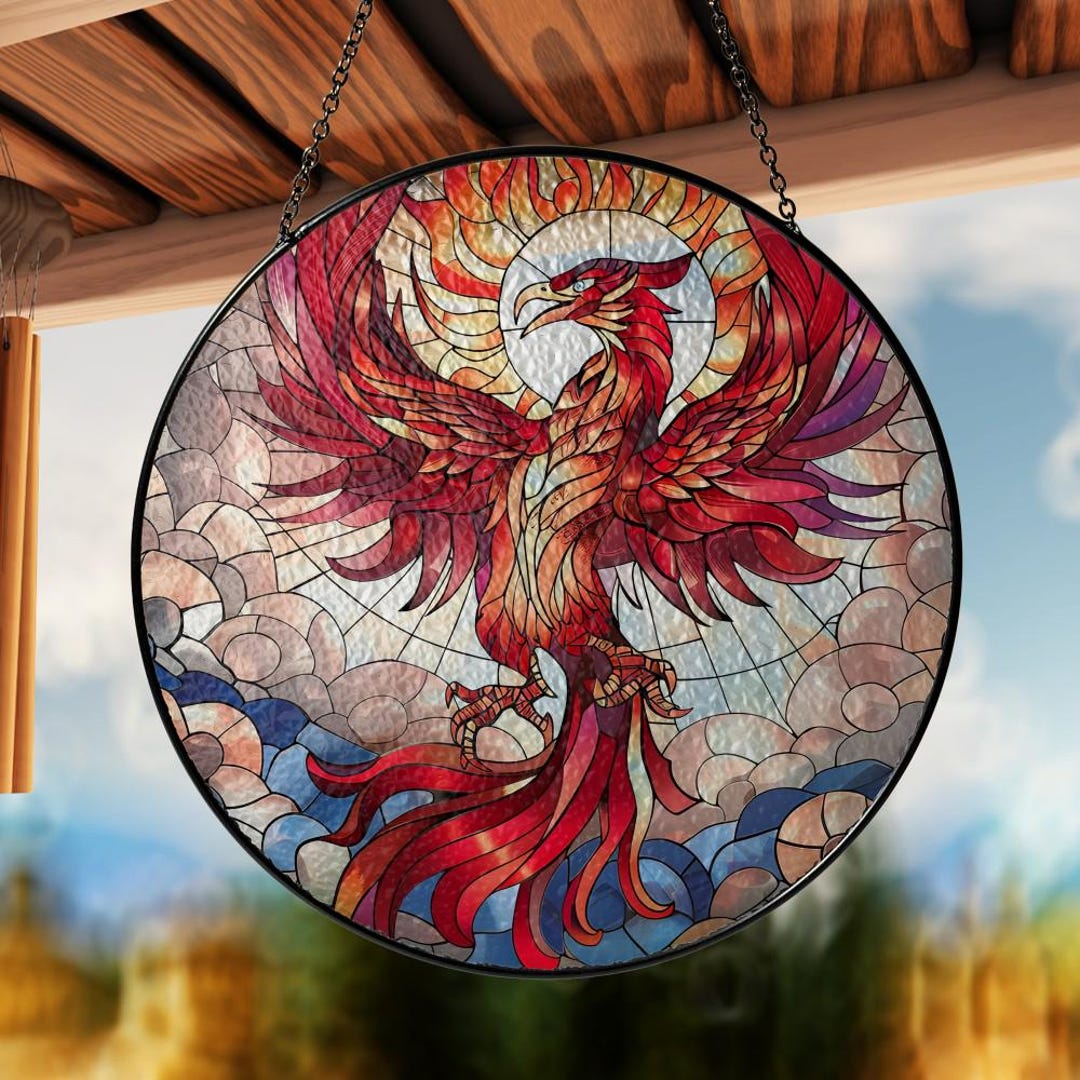 Stained GLASS Phoenix Suncatcher, Phoenix Window Hanging Decor, Phoenix ...
