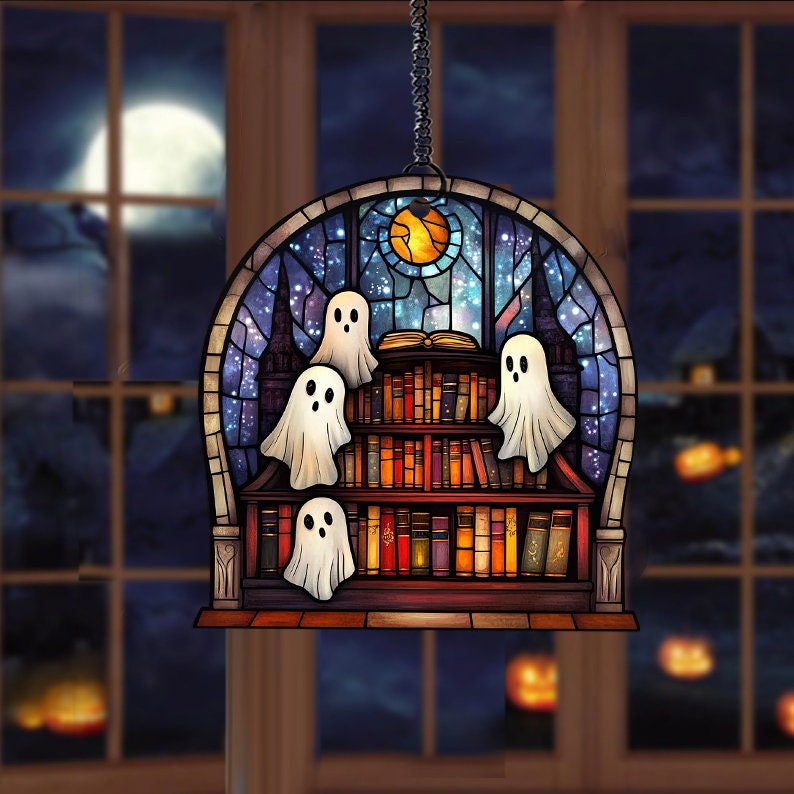 Spooky Ghost in Haunted Library Halloween Suncatcher, Spooky Ghost ...