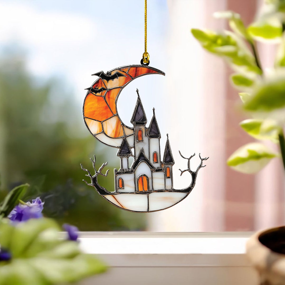 Castle and Moon Suncatcher Ornament, Halloween Suncatcher Ornament ...