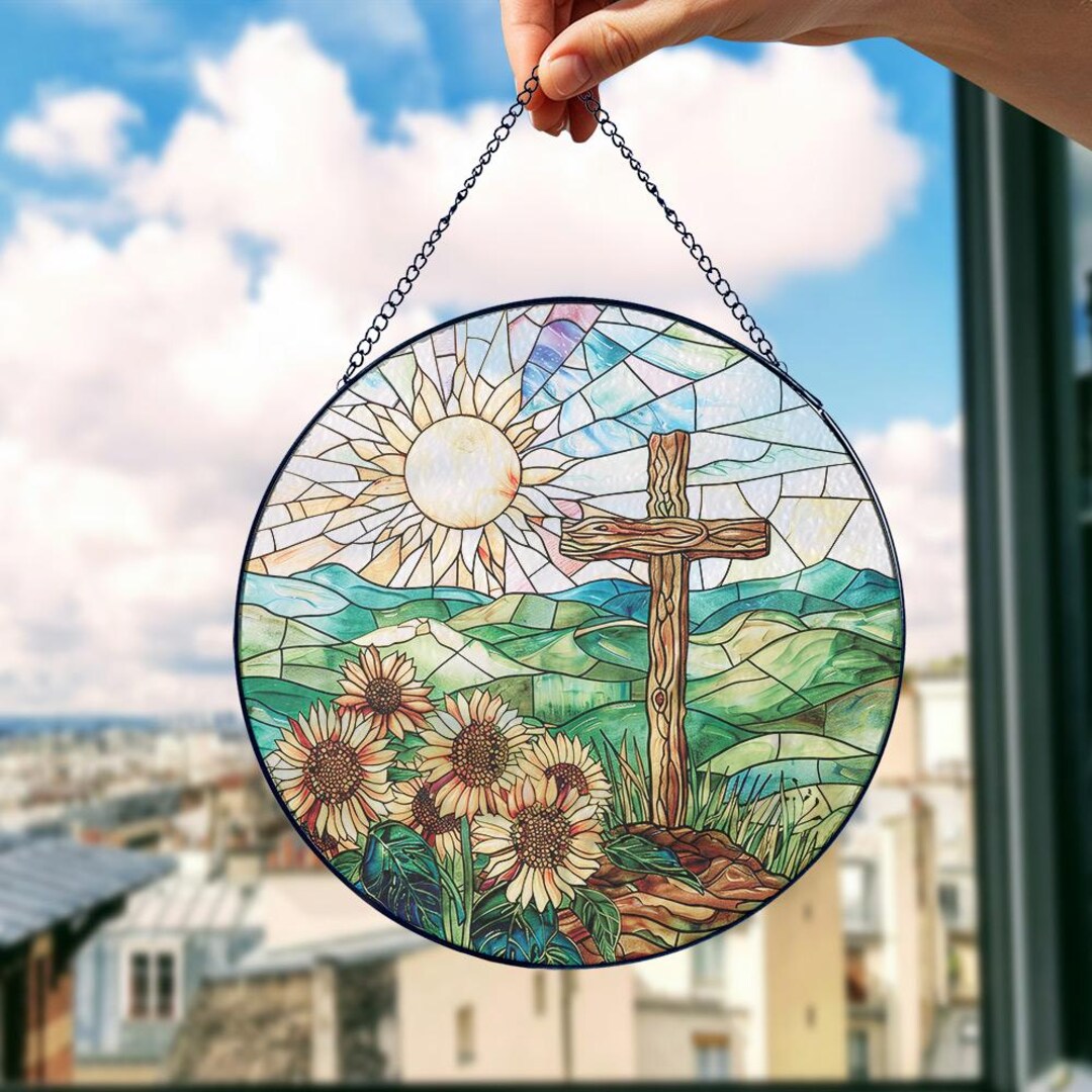 Sunflower and Cross Suncatcher, Stained Glass Not Acrylic Suncatcher ...