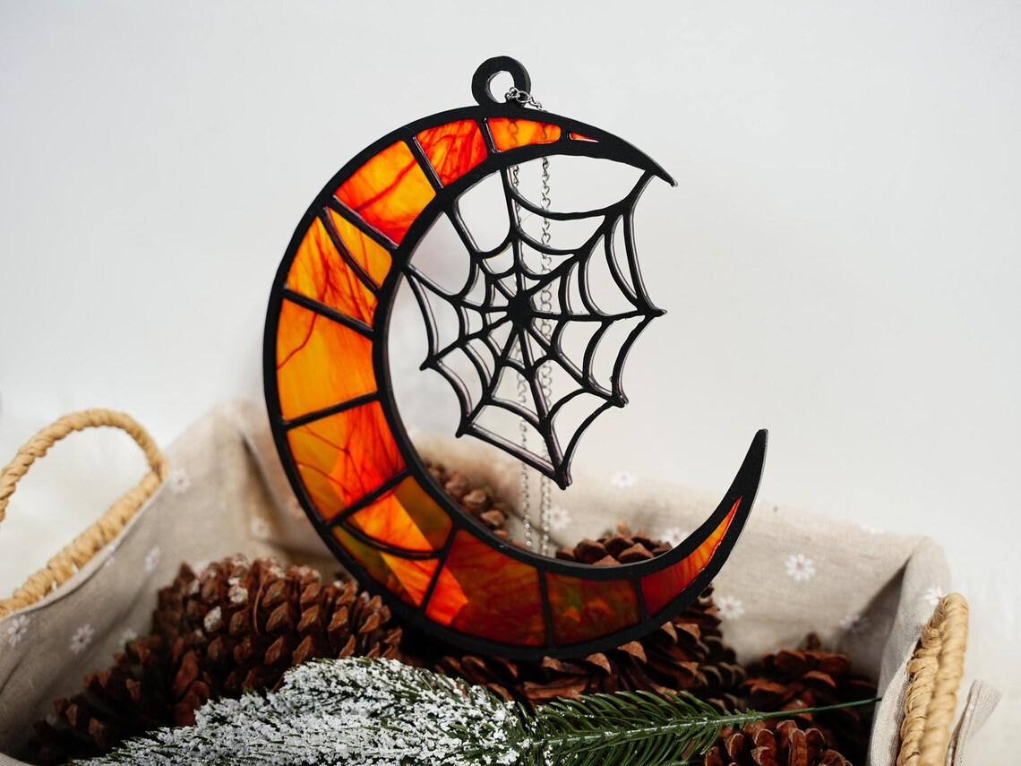 Moon Crest and Spider Web Halloween Suncatcher Ornament, Moon Crest and ...