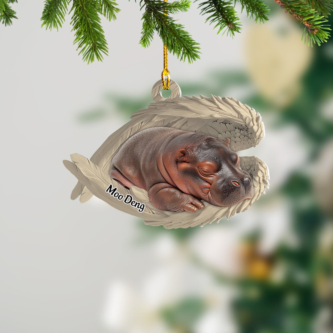 Cute Baby Hippo Moo Deng Flat Ornament Pygmy Hippo Sleeping Angel Wings ...