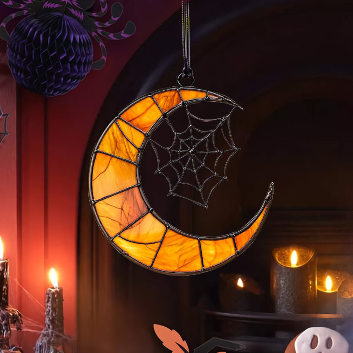 Moon Crest and Spider Web Halloween Suncatcher Ornament, Moon Crest and ...