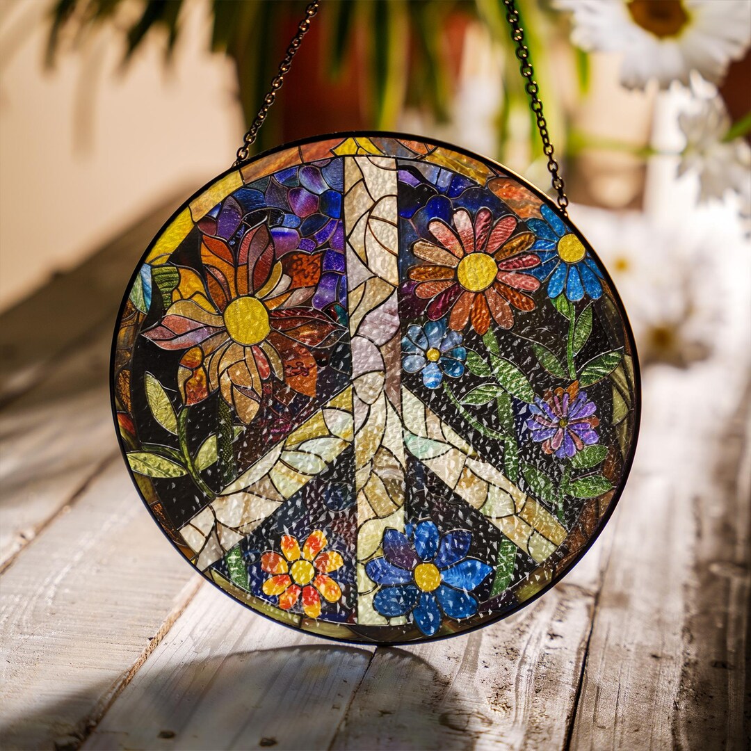 Peace Sign Stained Glass Suncatcher, Floral Window Hanging, Boho Room ...