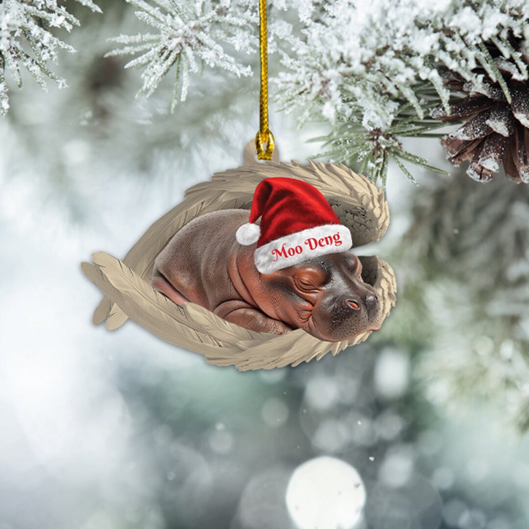 Cute Baby Hippo Moo Deng Flat Ornament Pygmy Hippo Sleeping Angel Wings ...