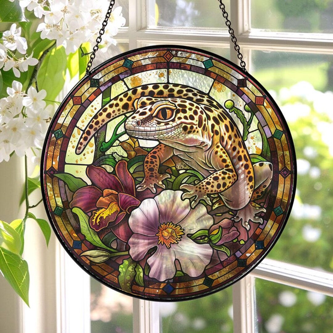 Flower Leopard Gecko Glass Suncatcher, Gecko Window Hanging for Natural ...