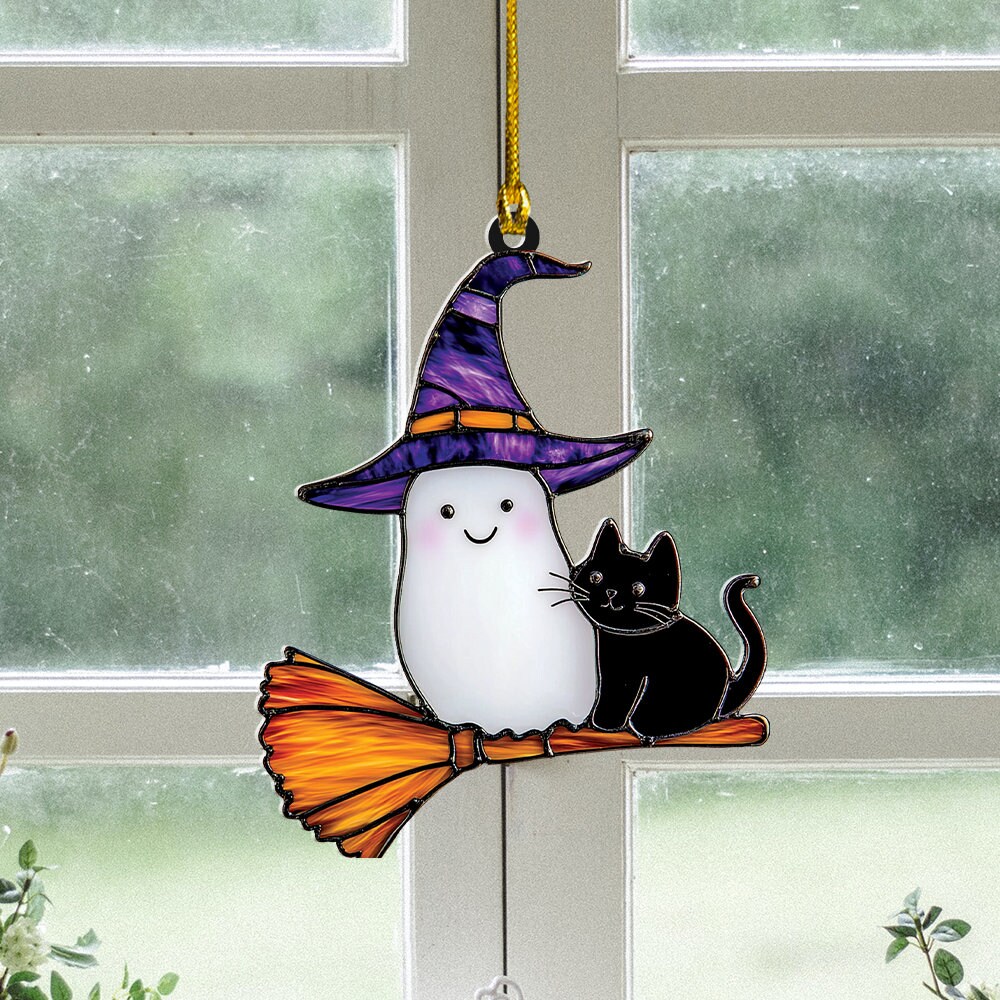 Cute Ghost and Cat Riding Broomstick Halloween Suncatcher, Window ...