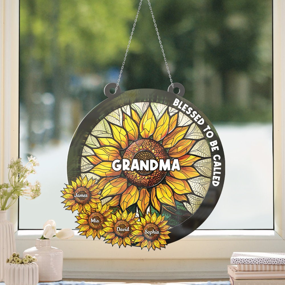 Personalized Grandma Sunflower Window Hanging Suncatcher Ornament, Kids ...