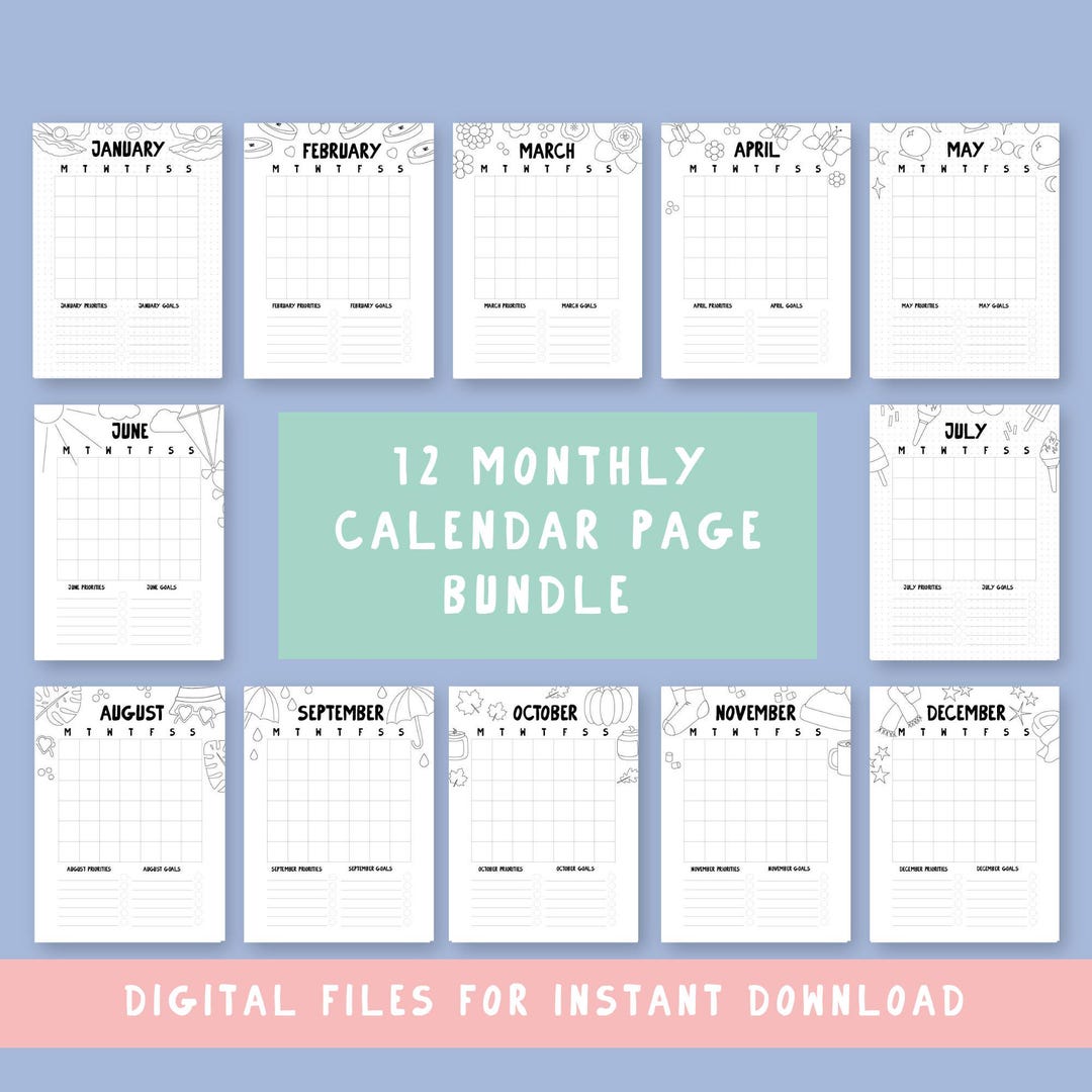 Monthly Calendar Printable Bundle: Coloring Journal Pages (PDF) - Etsy