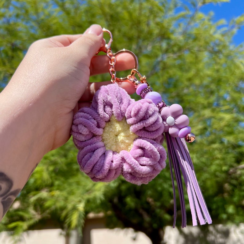 Flower, Crochet Flower, Flower Keychain, Flower Puff, Beaded Keychain ...