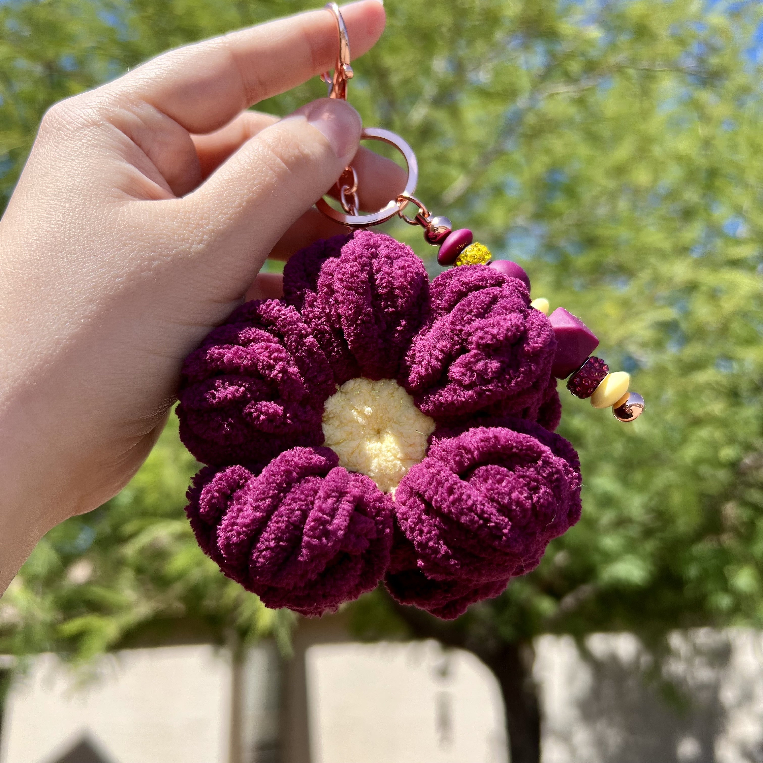 Flower, Crochet Flower, Flower Keychain, Flower Puff, Beaded Keychain ...