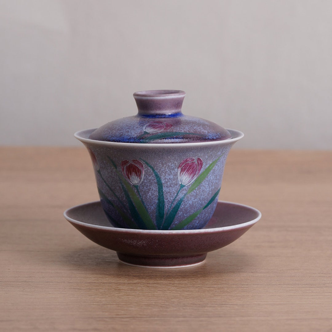 Hand-painted Tulip Purple Ceramic Gaiwan Tea Cup Porcelain Lidded Cup ...
