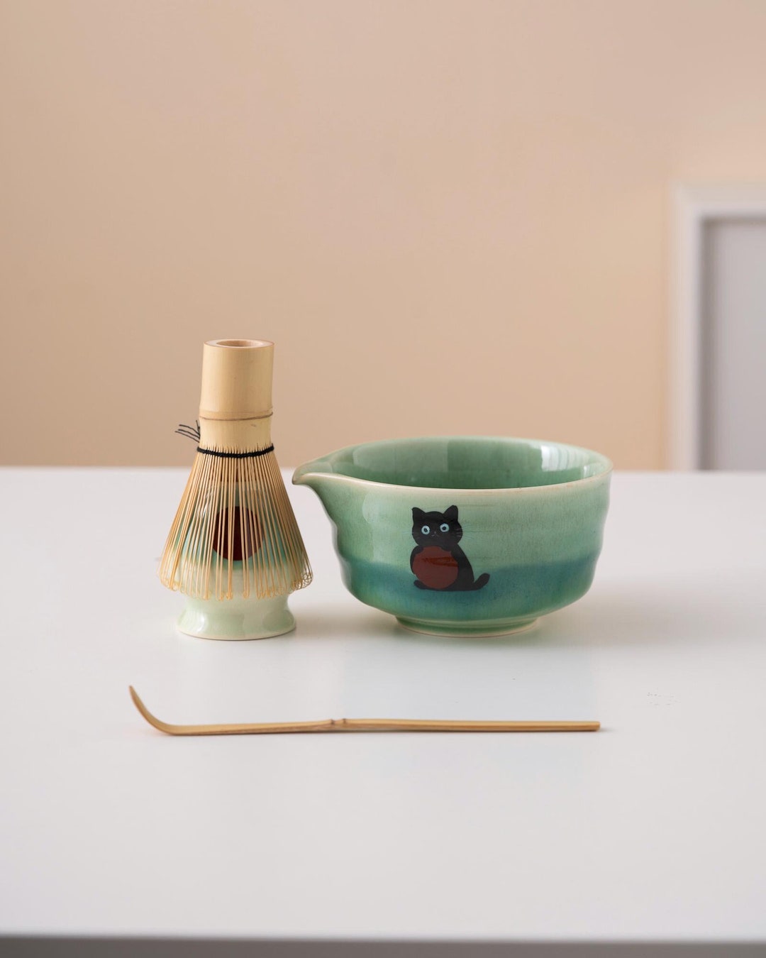 Hand-painted Black Cat Ceramic Matcha Bowl With Bamboo Whisk and Chasen ...