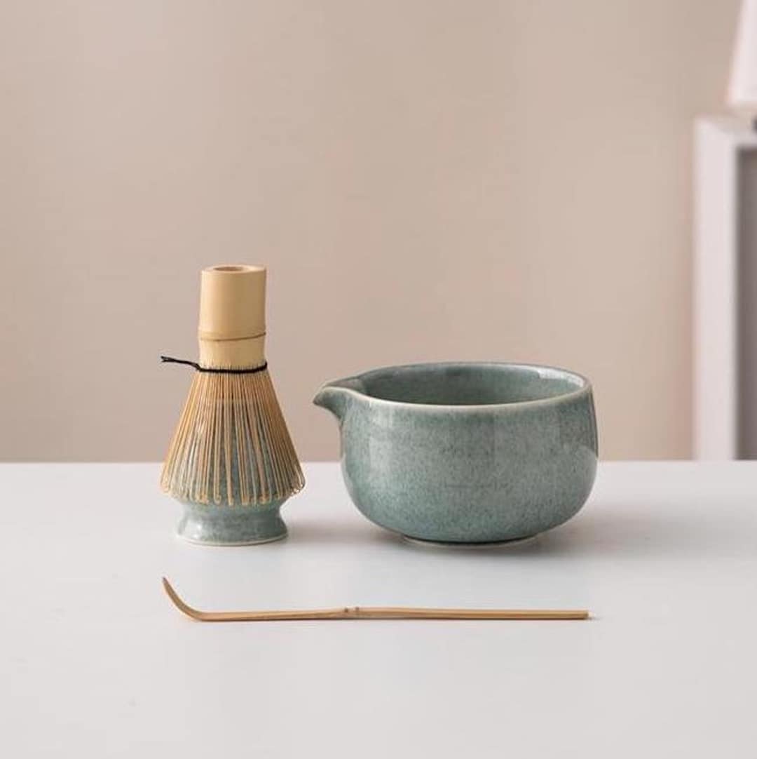Blue Ceramic Matcha Bowl Set With Bamboo Whisk and Chasen Holder Unique ...