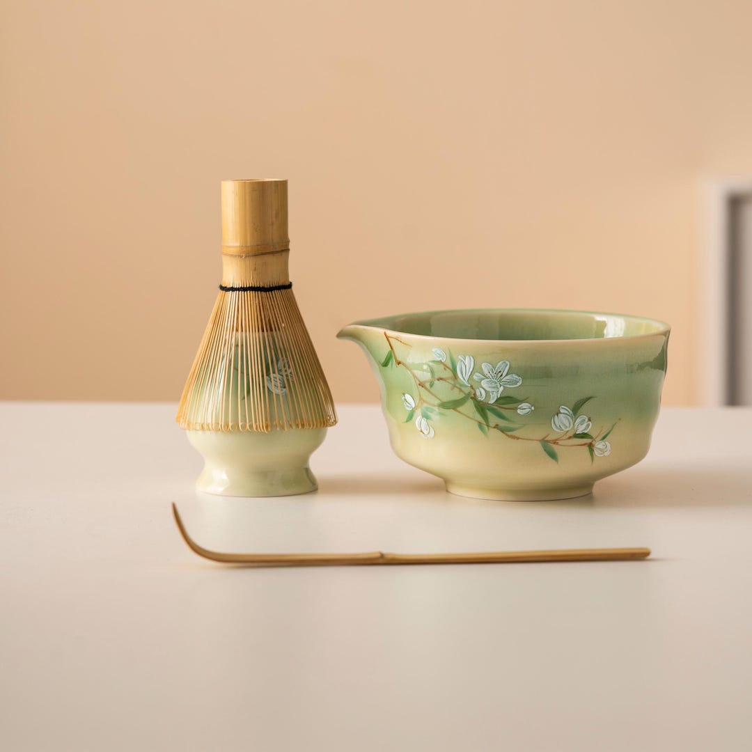 Hand-painted Floral Ceramic Matcha Bowl Set With Bamboo Whisk and ...
