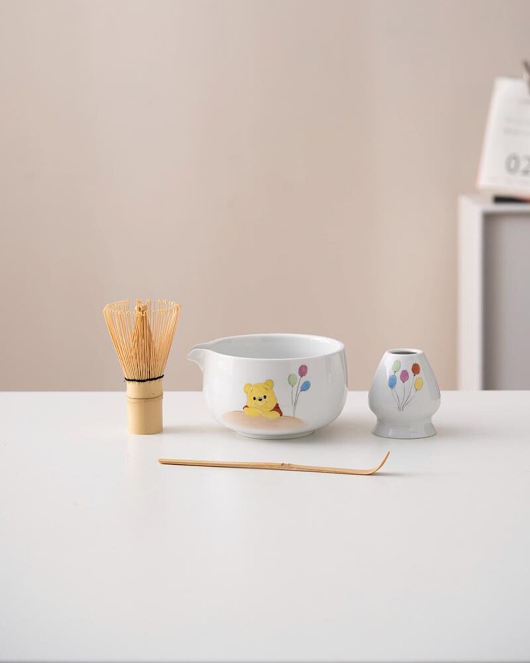 Hand-painted Cute Bear and Balloon Ceramic Matcha Bowl Set With Bamboo ...