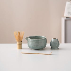 Blue Ceramic Matcha Bowl Set With Bamboo Whisk and Chasen Holder Unique ...