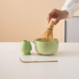 Green Ceramic Matcha Bowl Set With Spout Bamboo Whisk and Chasen Holder ...