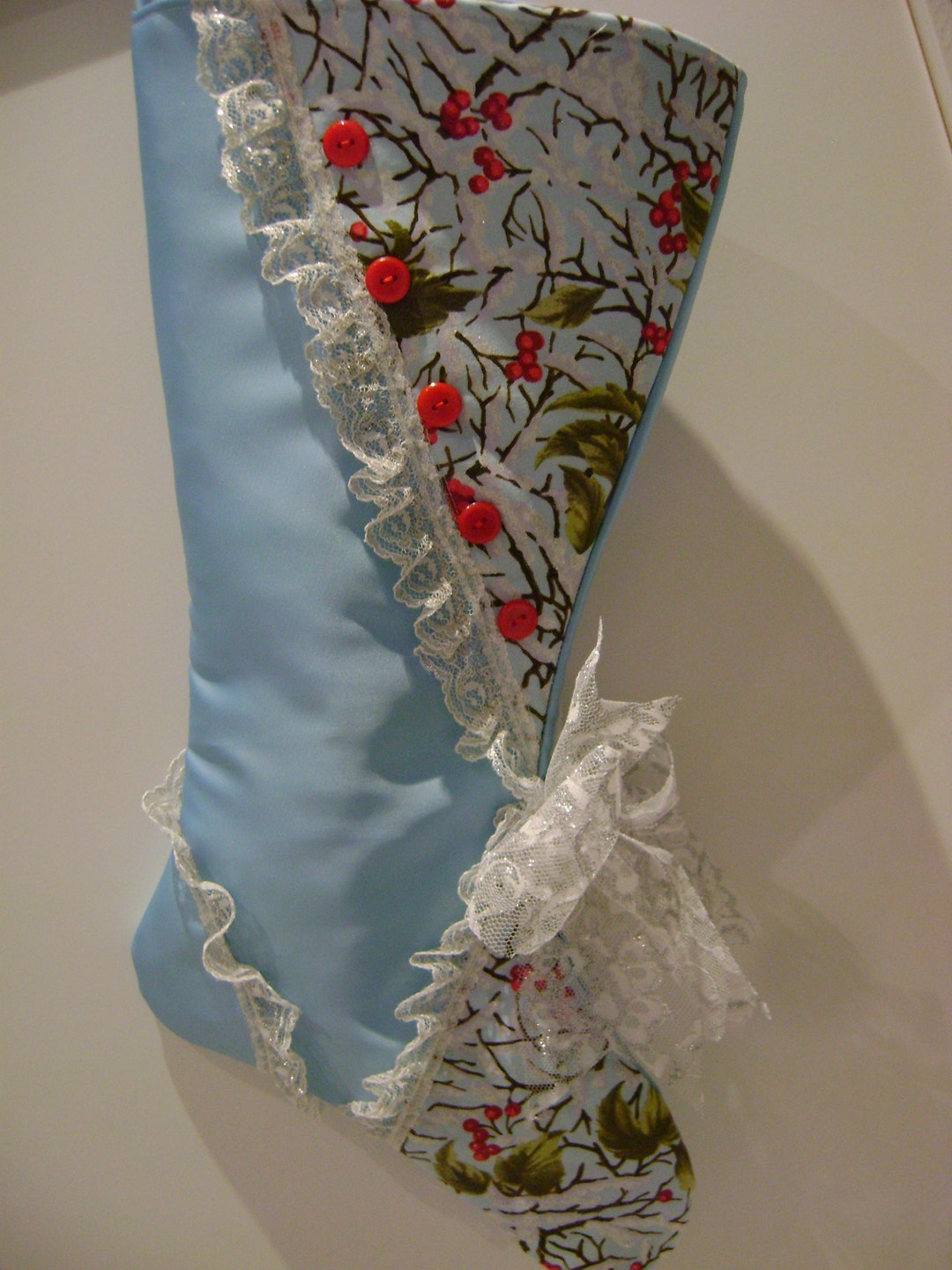 Handmade Light Blue Satin Christmas Stocking, Red Buttons & Silver Lace ...