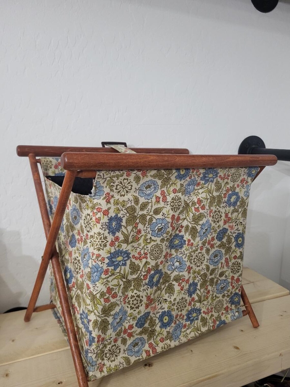 Vintage Folding Wooden Frame Basket With Floral Fabric Boho Chic ...