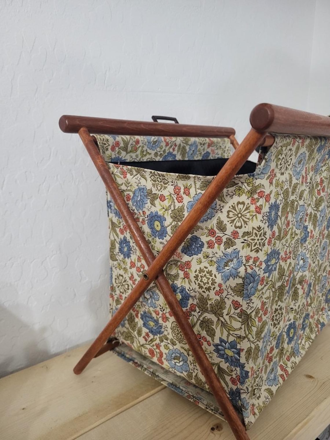 Vintage Folding Wooden Frame Basket With Floral Fabric Boho Chic ...