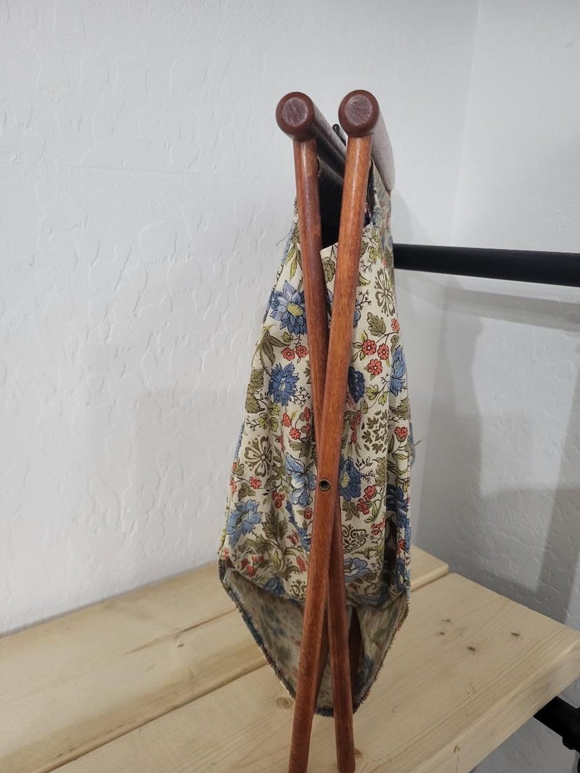 Vintage Folding Wooden Frame Basket With Floral Fabric Boho Chic ...