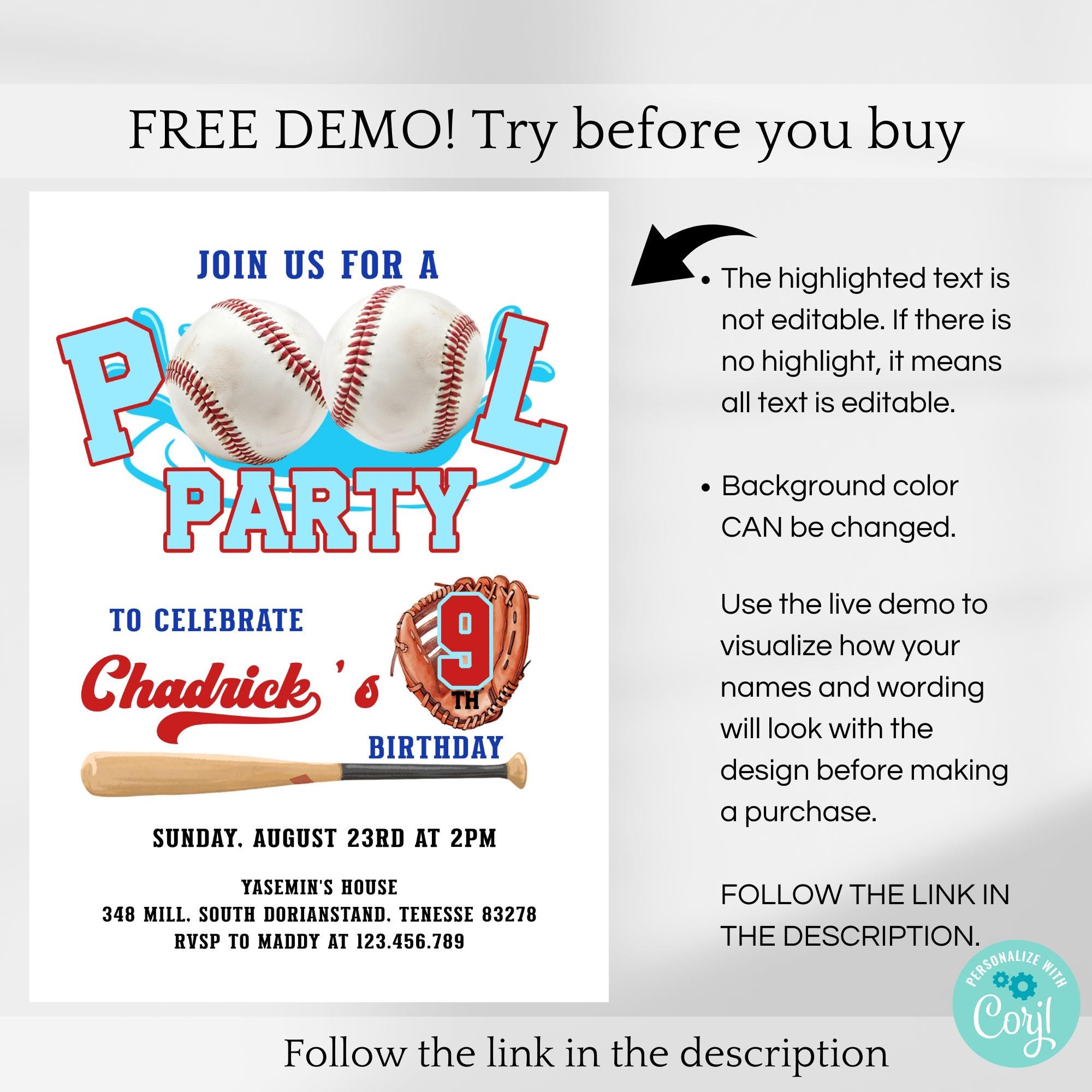 Editable Baseball Pool Party Invitation, Modern Summer Baseball ...