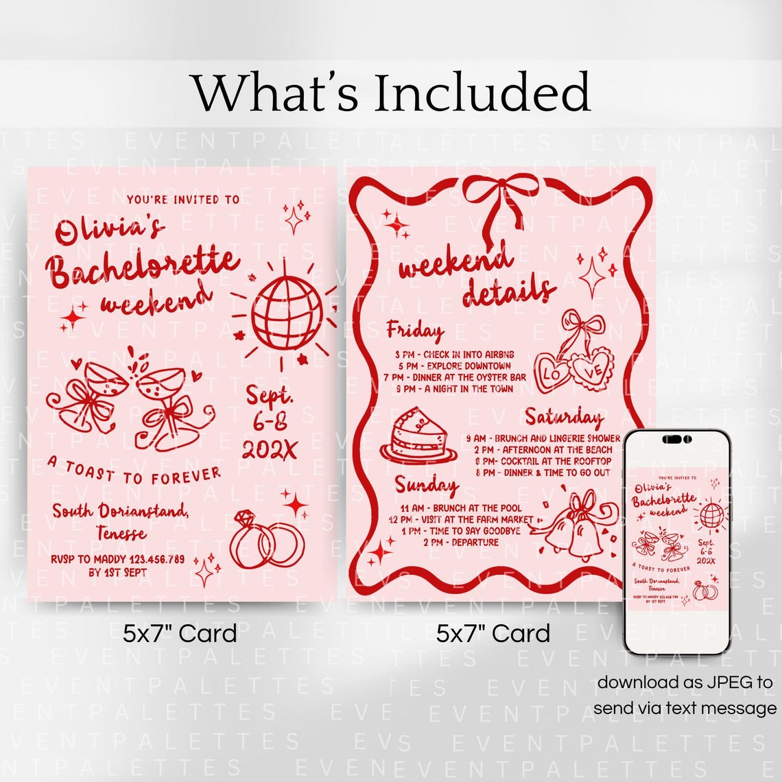 Editable Hand Drawn Scribble Bachelorette Party Invitation, Red Weekend ...