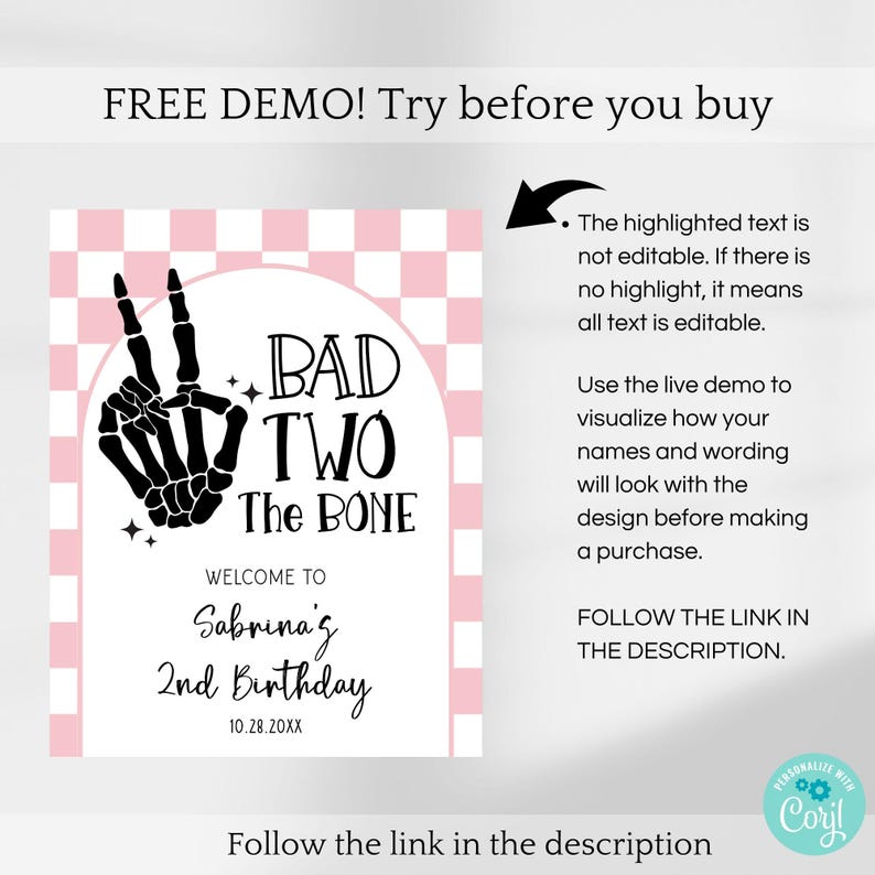 Editable Bad TWO the Bone Welcome Sign Poster, Checkered Girl Birthday ...