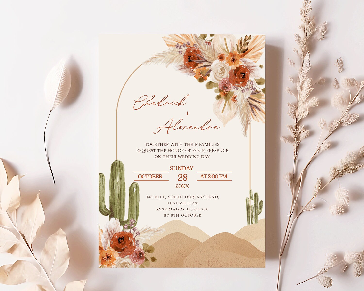 Boho Desert Wedding Invitation Template, Bohemian Cactus Wedding Invite ...