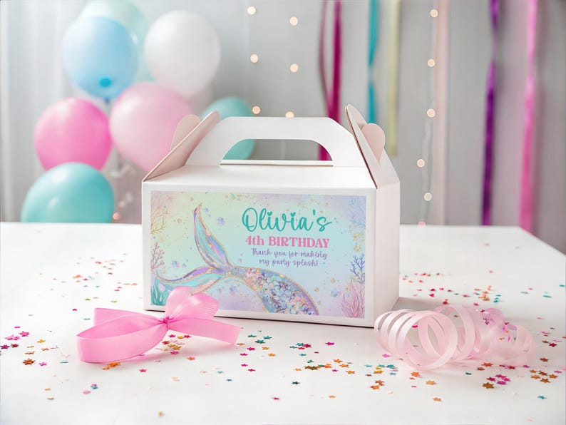 Mermaid First Birthday Gable Box Label, Pastel Teal Pink Under the Sea ...