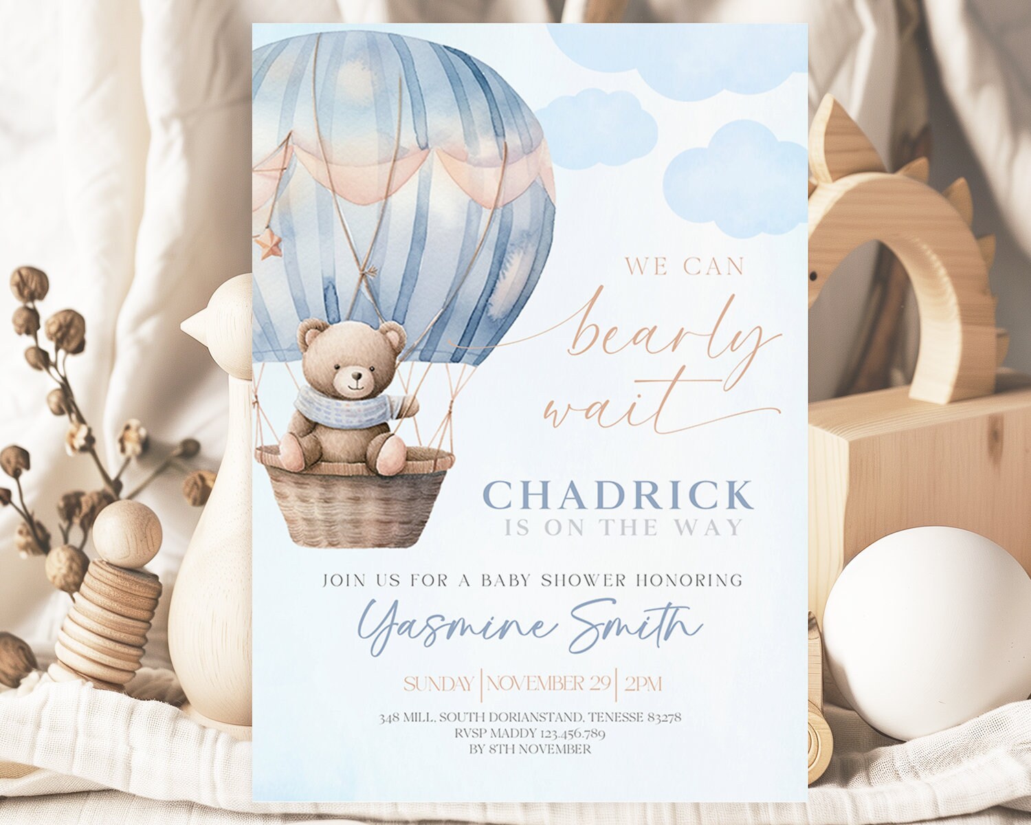 Bear Theme Editable Invitation, Blue Teddy Bear Hot Air Balloon Digital ...
