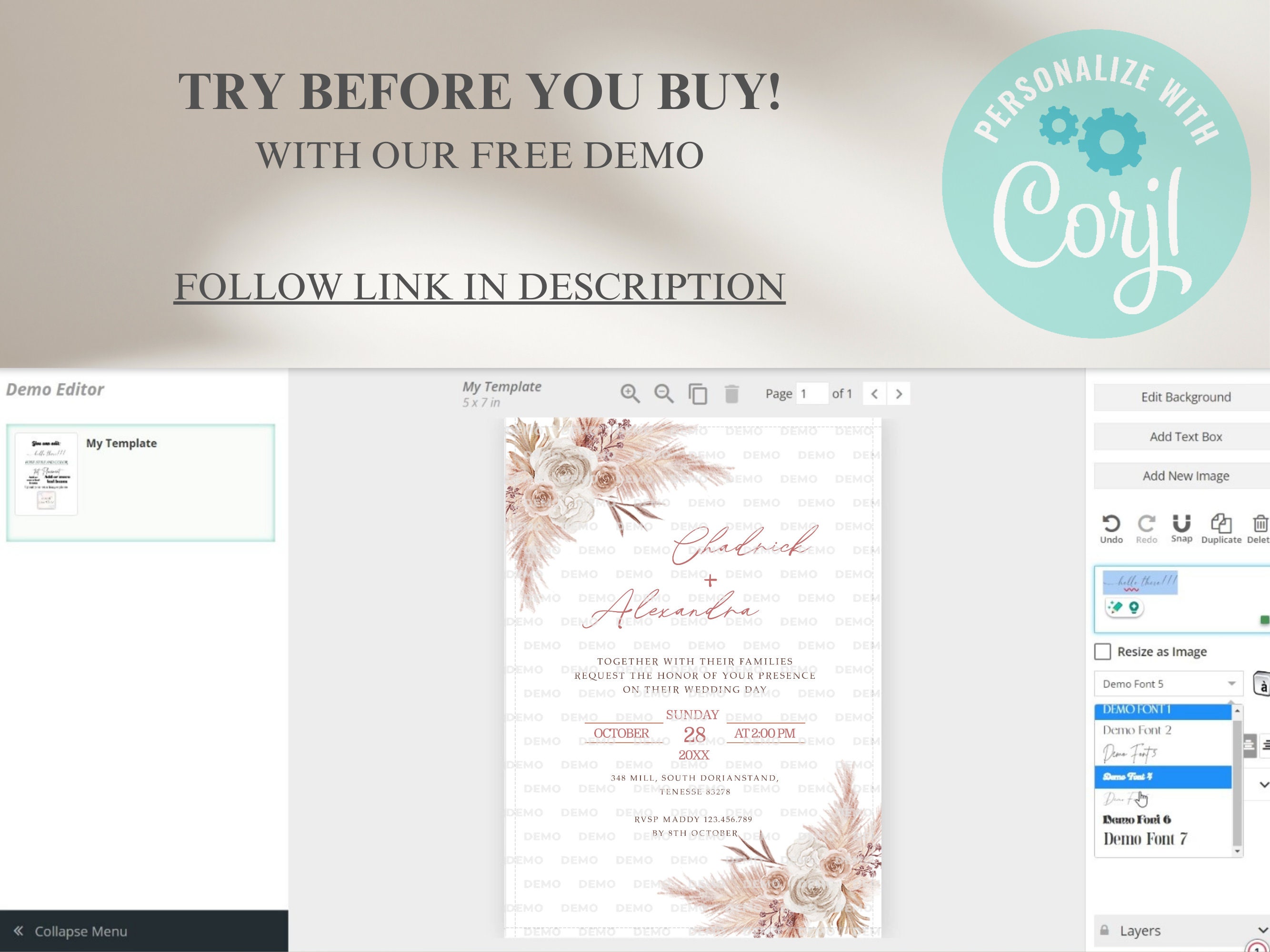 Boho Wedding Bride Groom Invitation, Editable Bohemian Couple Wedding ...