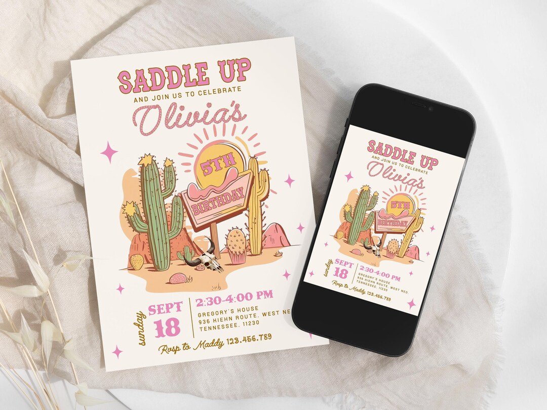 Girl First Rodeo Birthday Invitation, Pink Retro Wild West Ranch ...