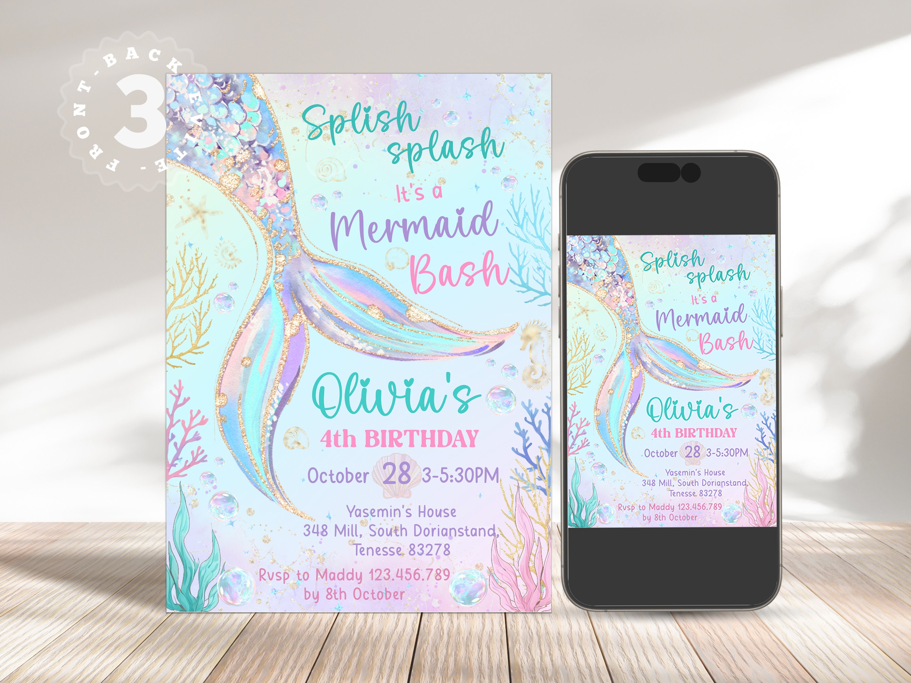 Editable Mermaid Birthday Invitation, Mermaid Bash, Under the Sea Girl ...