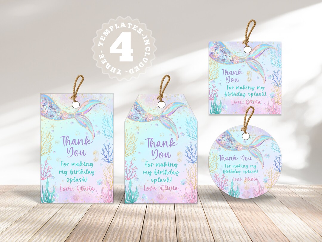 Editable Mermaid Party Favor Gift Tag Girl Birthday Thank You Tag ...