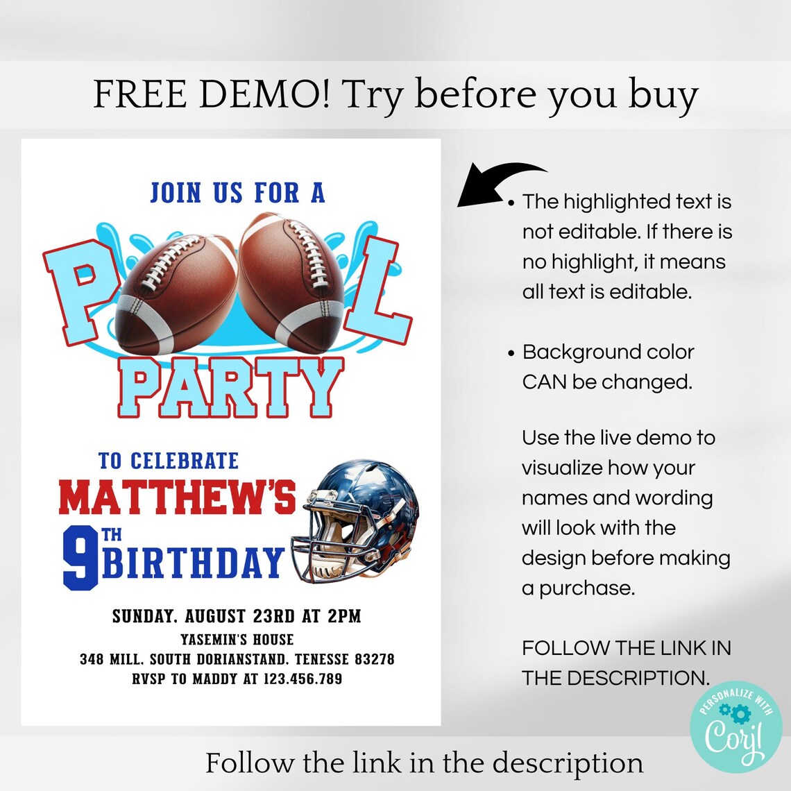 Editable Football Pool Party Invitation, Modern Summer American ...
