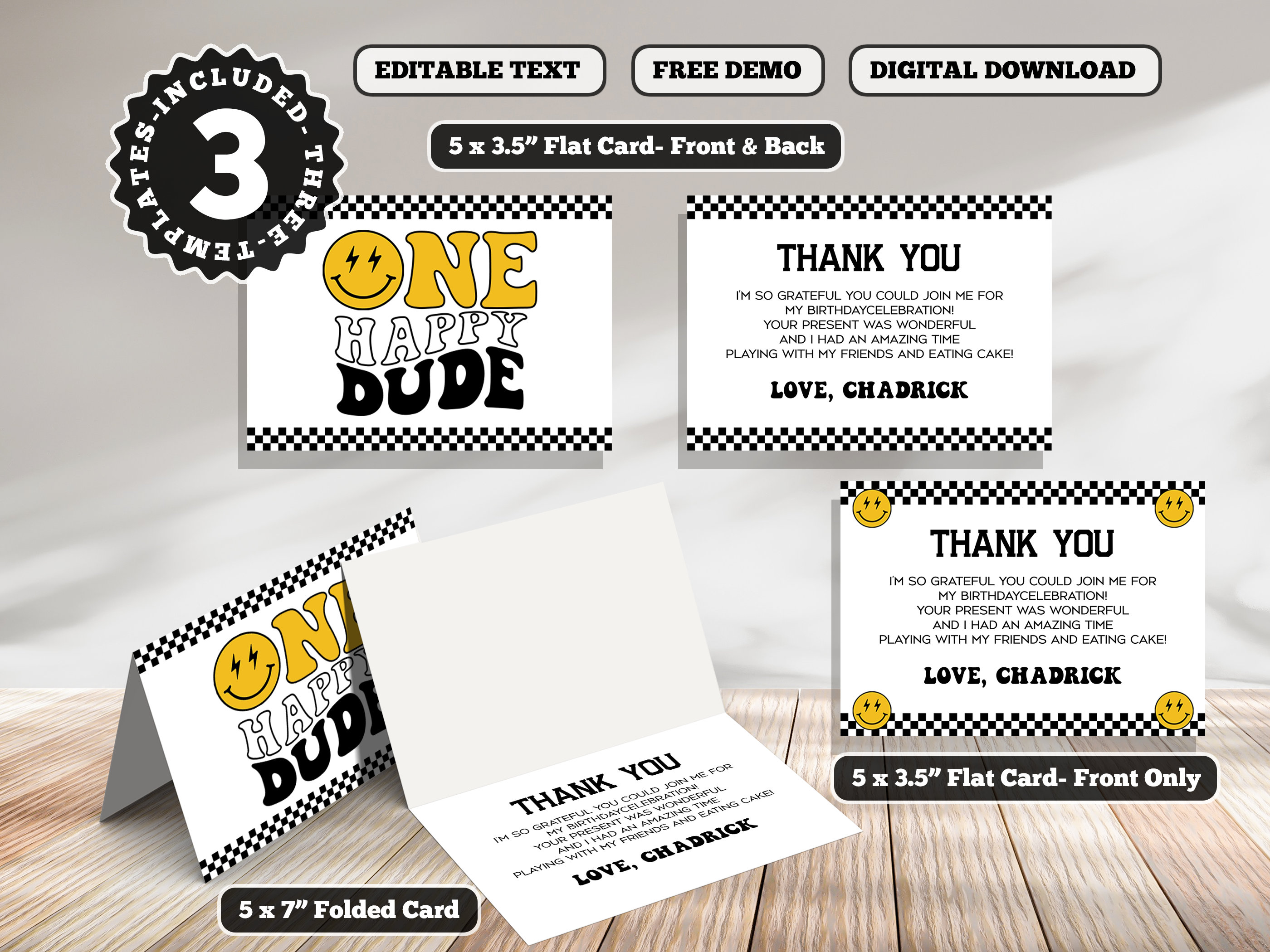 One Happy Dude Birthday Thank You Card, Groovy One Birthday, Editable ...