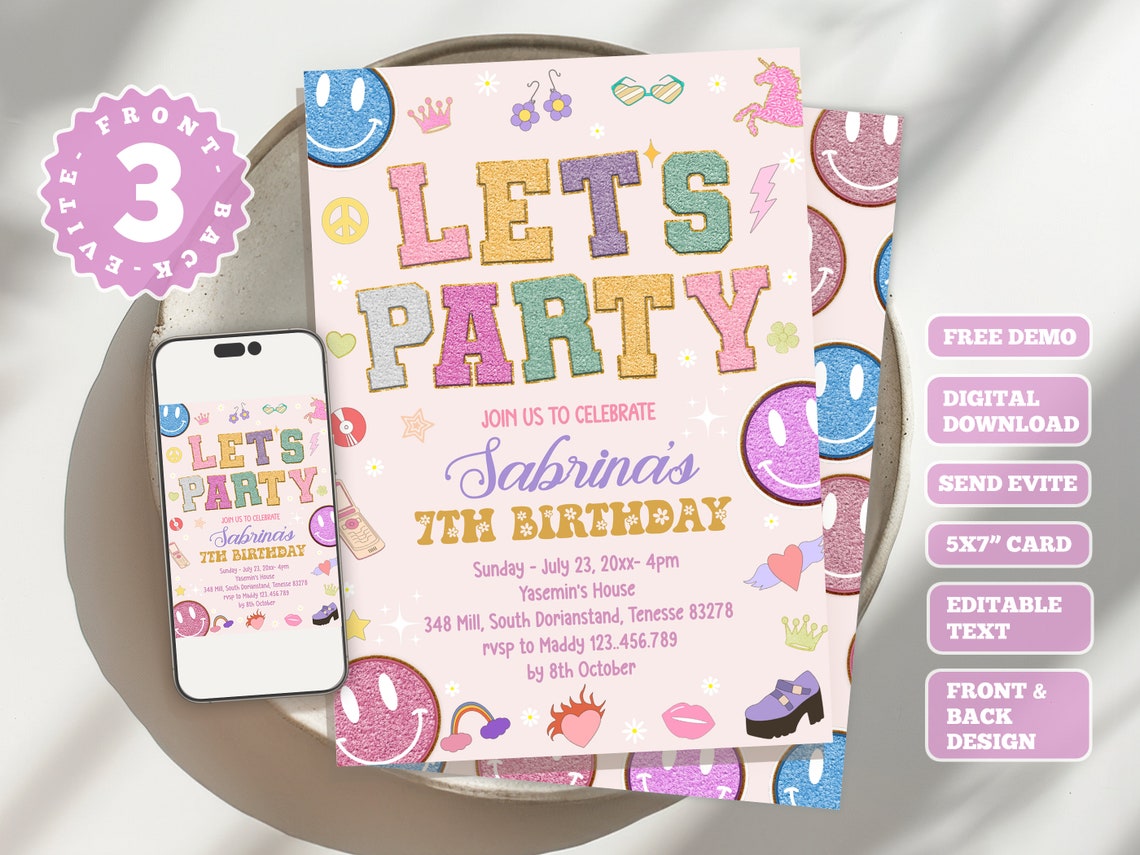 Varsity Patch Letter Birthday Invitation, Lets Party Birthday Invite ...