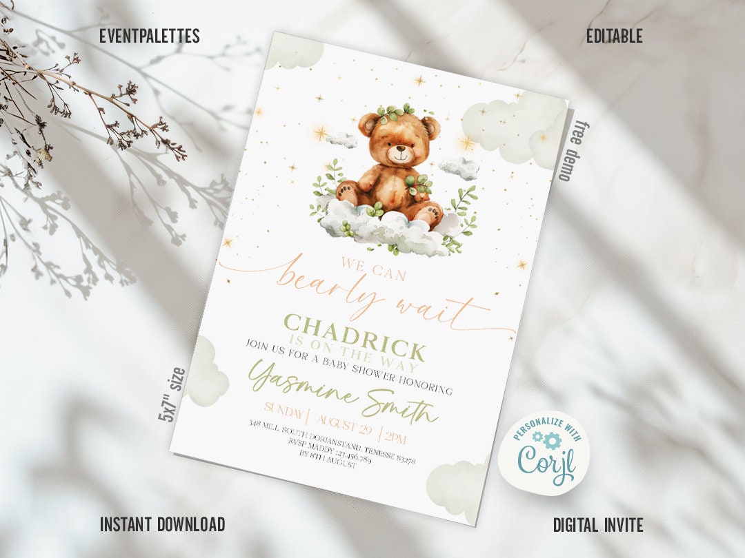 Invitación de oso boho, invitación a la ducha de oso verde, plantilla ...