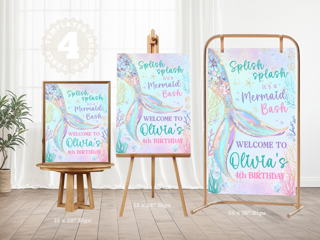 Editable Mermaid Birthday Welcome Sign Template, Mermaid Bash Poster ...