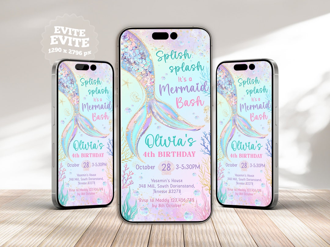 Editable Digital Mermaid Birthday Phone Invitation, Mermaid Bash Evite ...