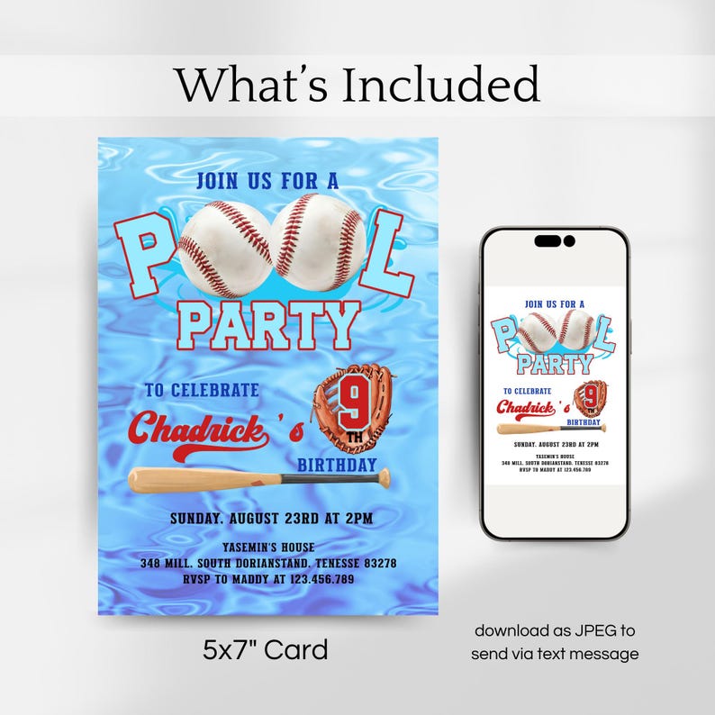 Editable Baseball Pool Party Invitation, Modern Summer Baseball ...