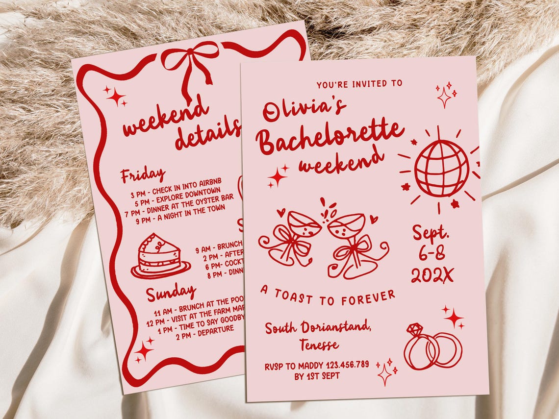 Editable Hand Drawn Scribble Bachelorette Party Invitation, Red Weekend ...